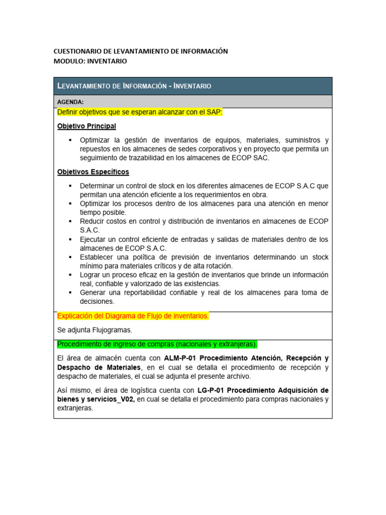 Cuestionario de Levantamiento de Información - Inventarios | PDF | Inventario | Logística