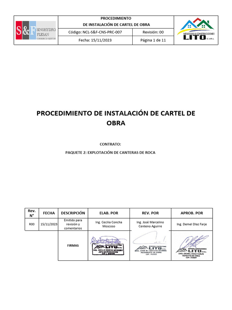 Ncl-s&F-cns-prc-007 - r0 Instalación de Cartel de Obra | PDF | Ingeniería