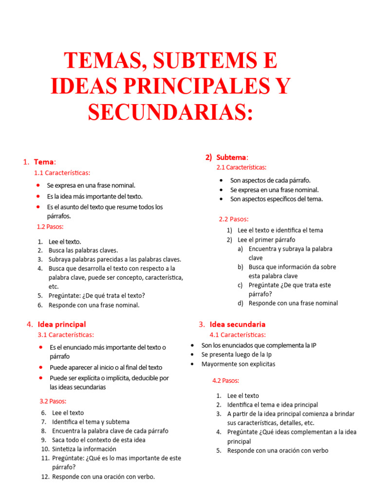 Tema, Subtema e Ideas Principales y Secundarias | PDF | Lingüística ...
