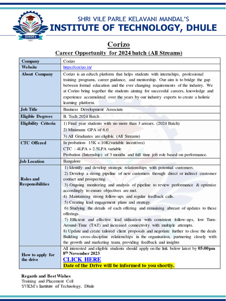 JD For Corizo | PDF | Internship | Job Hunting