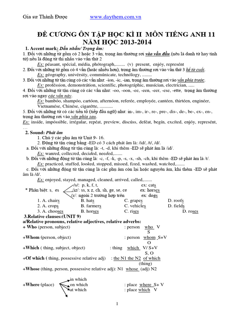 De Cuong On Thi Hk2 Tieng Anh 11 de Cuong On Thi HK 2 Lop 11 | PDF