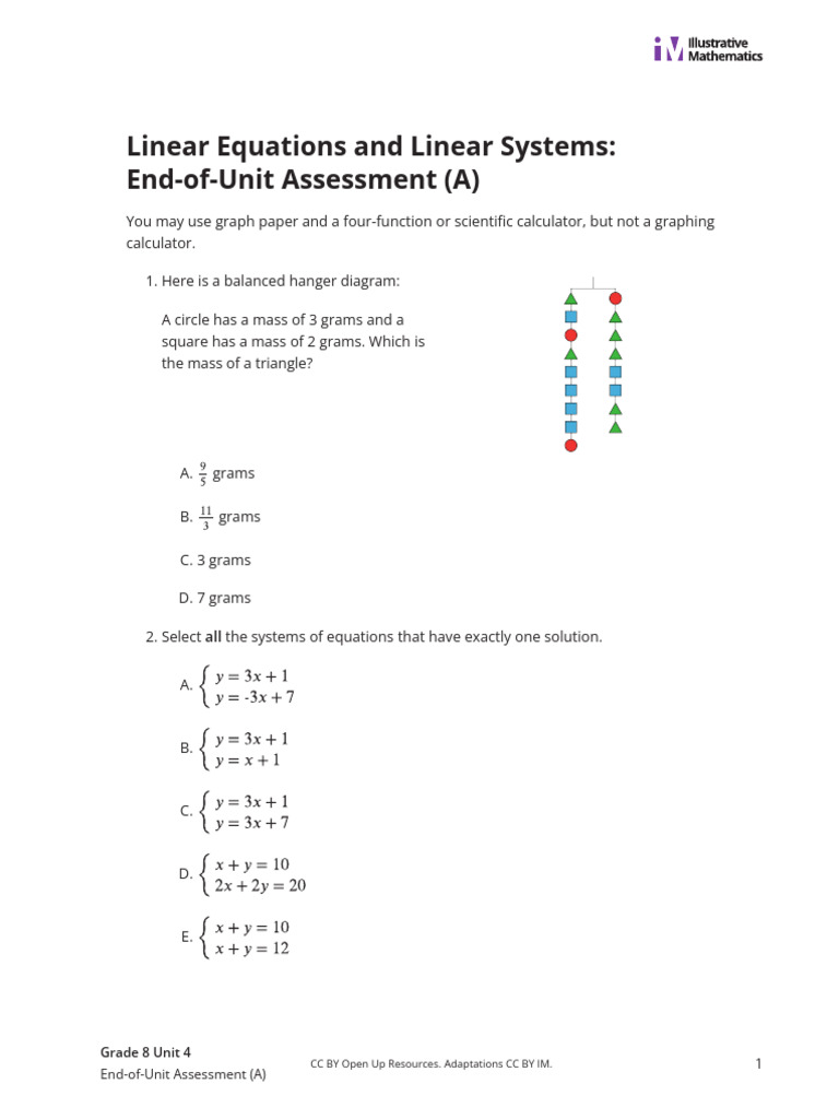 Grade 8 Unit 4 Assessment Answers | PDF | Equations | Mathematical Objects