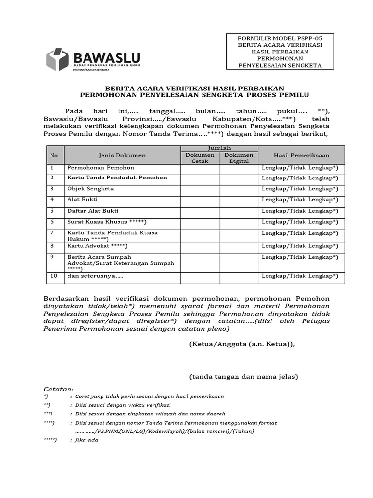 Model Pspp-05 Ba Verifikasi Perbaikan Permohonan | PDF