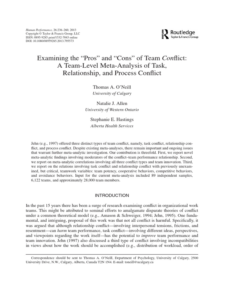 Examining The "Pros" and "Cons" of Team Conflict - A Team-Level Meta-Analysis of Task ...