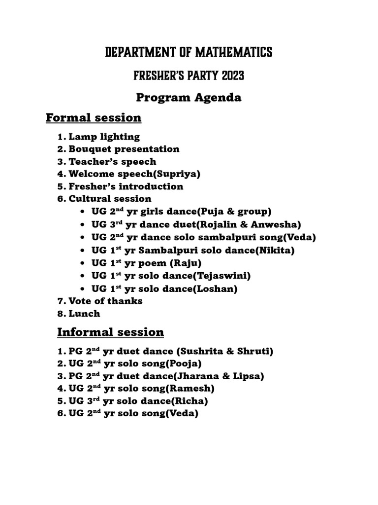 Department of Mathematics: Fresher's Party 2023 Program Agenda Formal Session | PDF