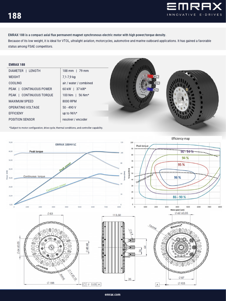 EMRAX 188 Electric Motor Specs | PDF | Electric Motor | Power (Physics)