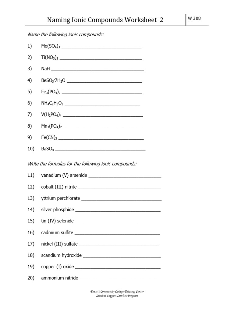w308 Naming Ionic Compounds Worksheet 2 | PDF