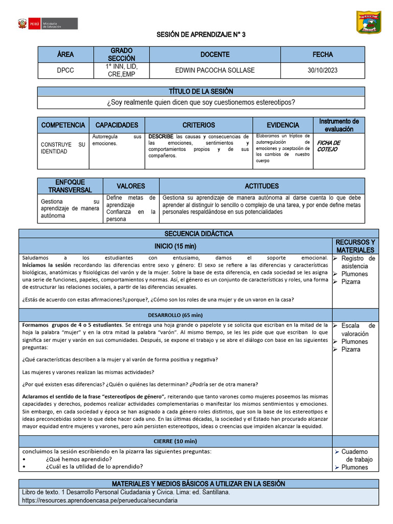 Sesion de Aprendizaje 7 - DPCC 1° - #3 | PDF | Las emociones | Aprendizaje
