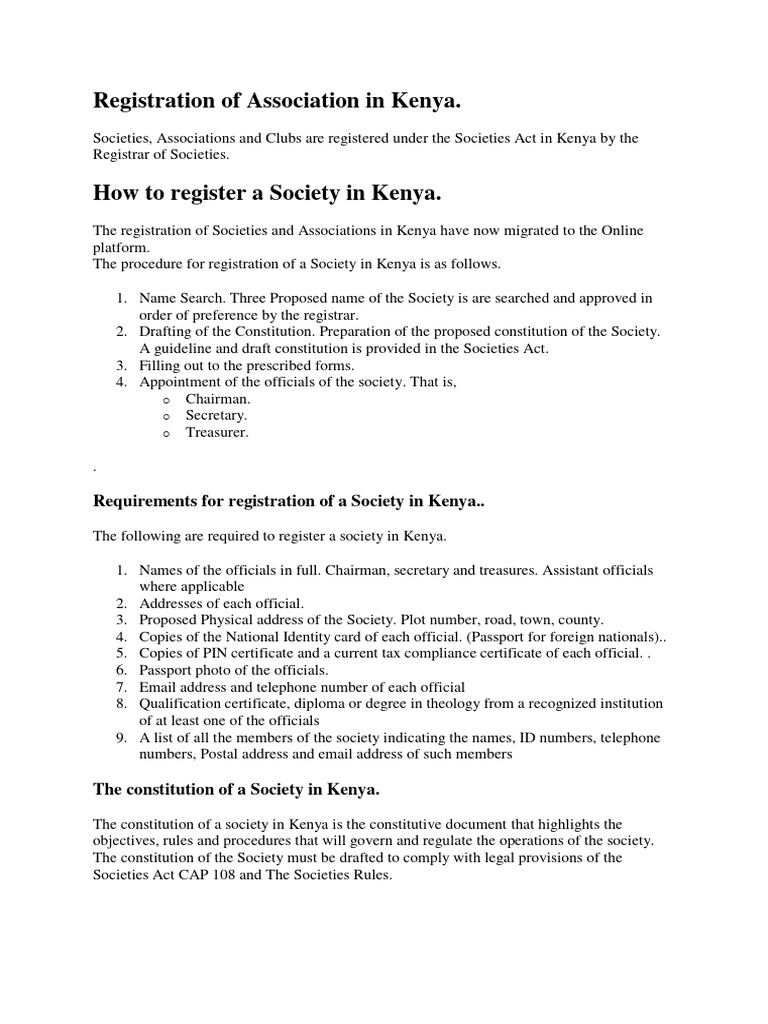 Registration of Association in Kenya | PDF | Identity Document | Legal ...
