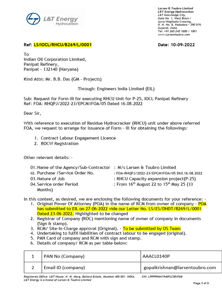 Letter To IOCL For Form-III | Download Free PDF | Employment | Civil ...