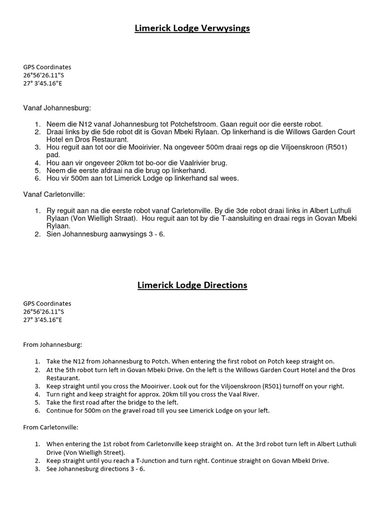 Limerick Lodge Directions | PDF