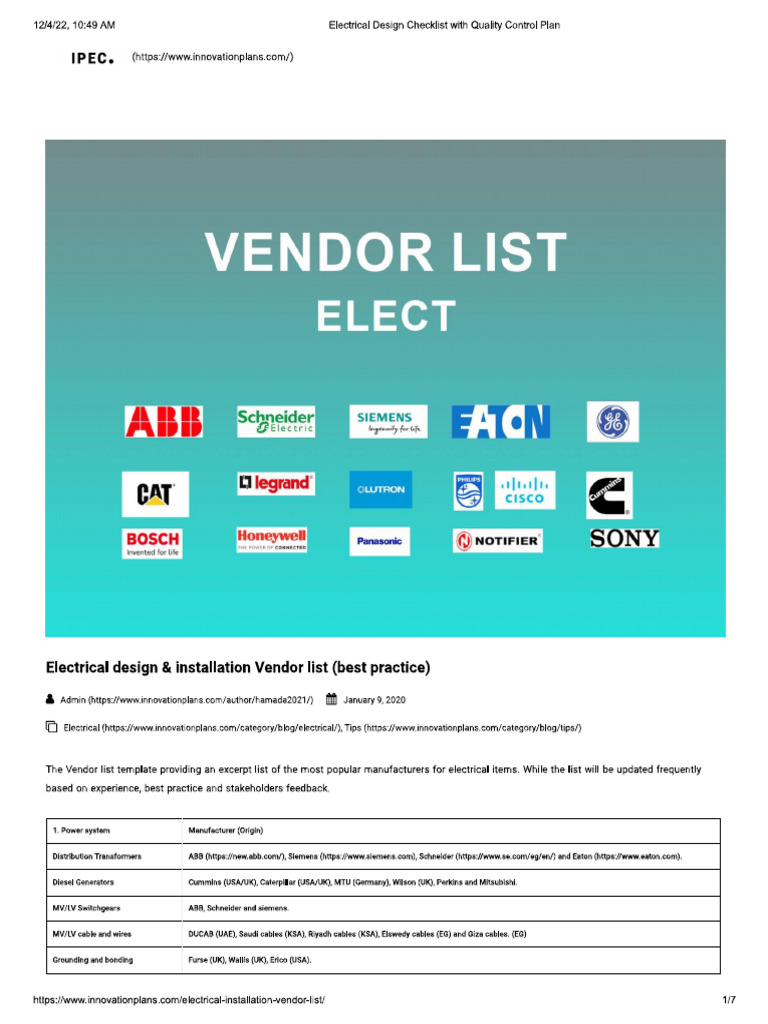 Electrical Design Checklist With Quality Control Plan | PDF