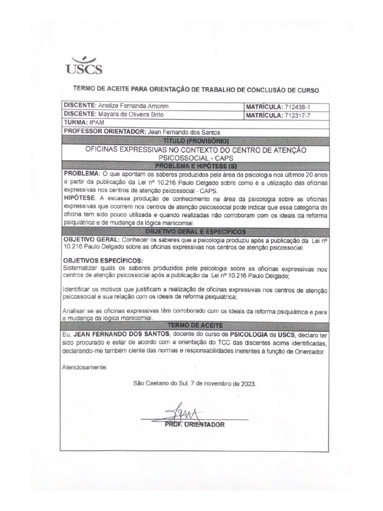 Termo de Aceite para Orientação de Trabalho de Conclusão de Curso | PDF Termo de Aceite para Orientação de Trabalho de Conclusão de Curso | PDF