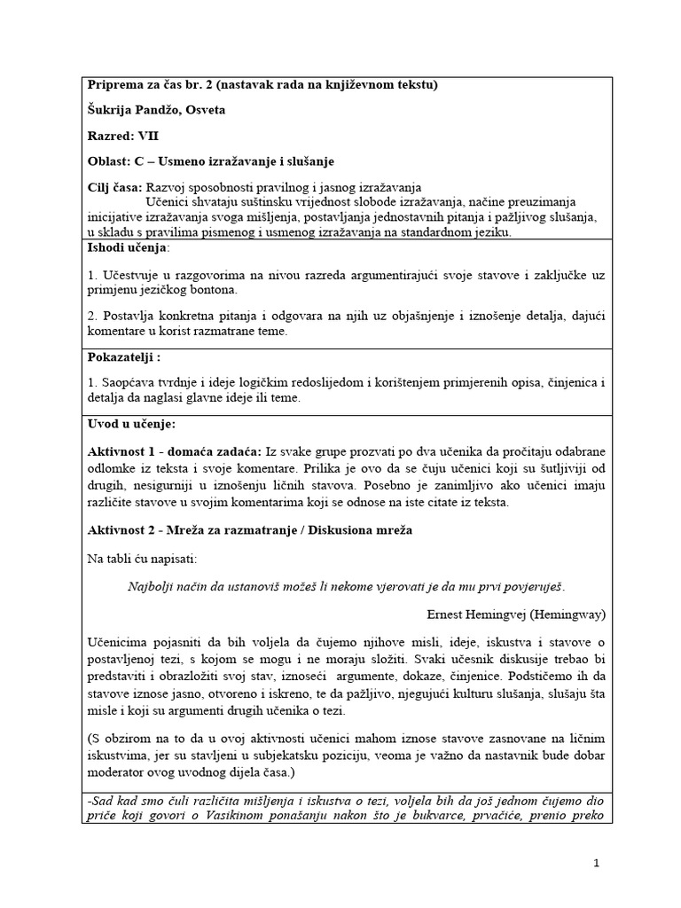 Priprema Za Čas Br. 2 - Usmeno Izražavanje I Slušanje | PDF