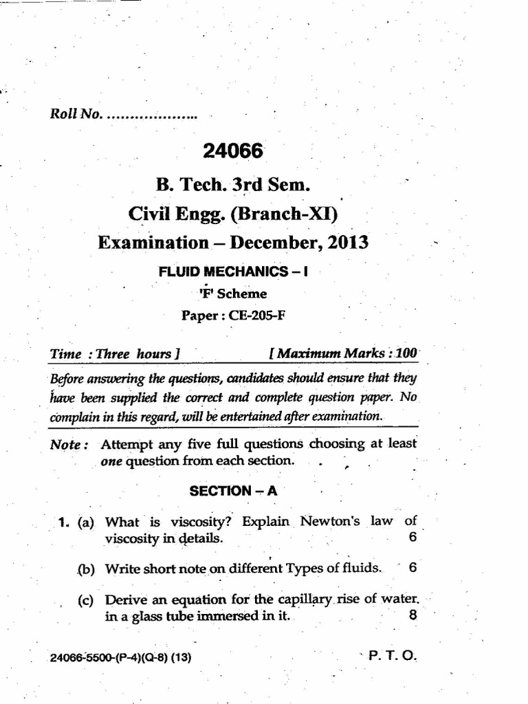 Btech Civil 3 Sem Fluid Mechanics 1 24066 Dec 2013 | PDF