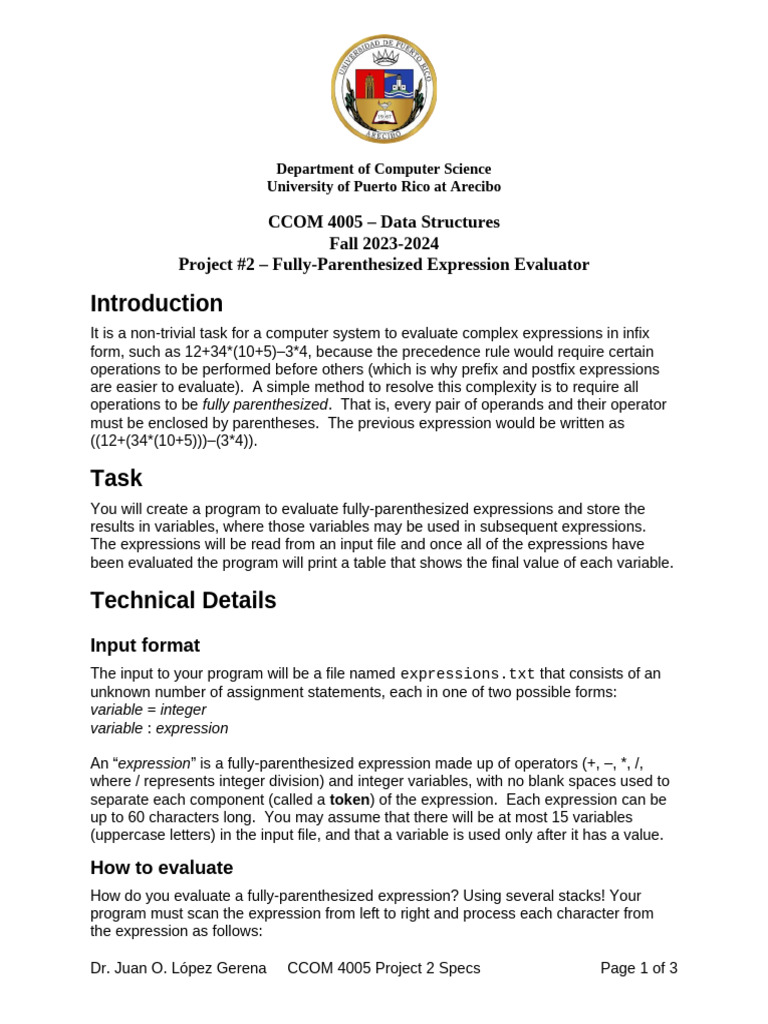 CCOM 4005 - Data Structures Fall 2023-2024 Project #2 - Fully-Parenthesized Expression Evaluator ...