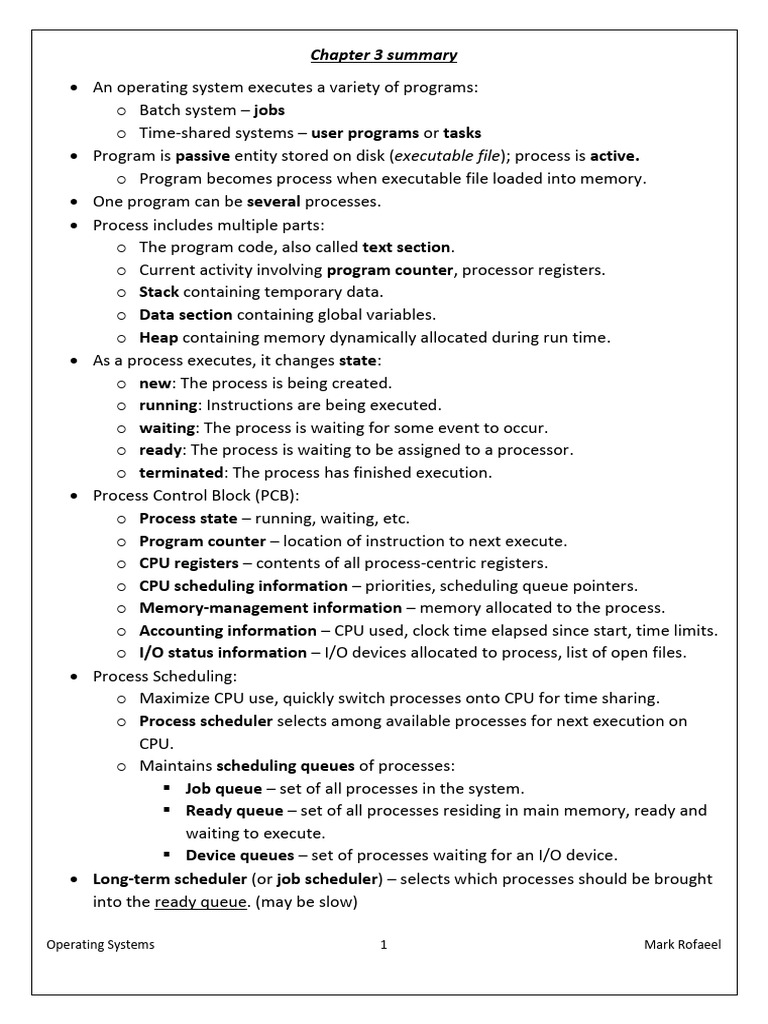 Chapter 3 Summary | PDF | Process (Computing) | Scheduling (Computing)