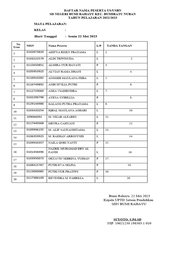 Absen Peserta Us | PDF