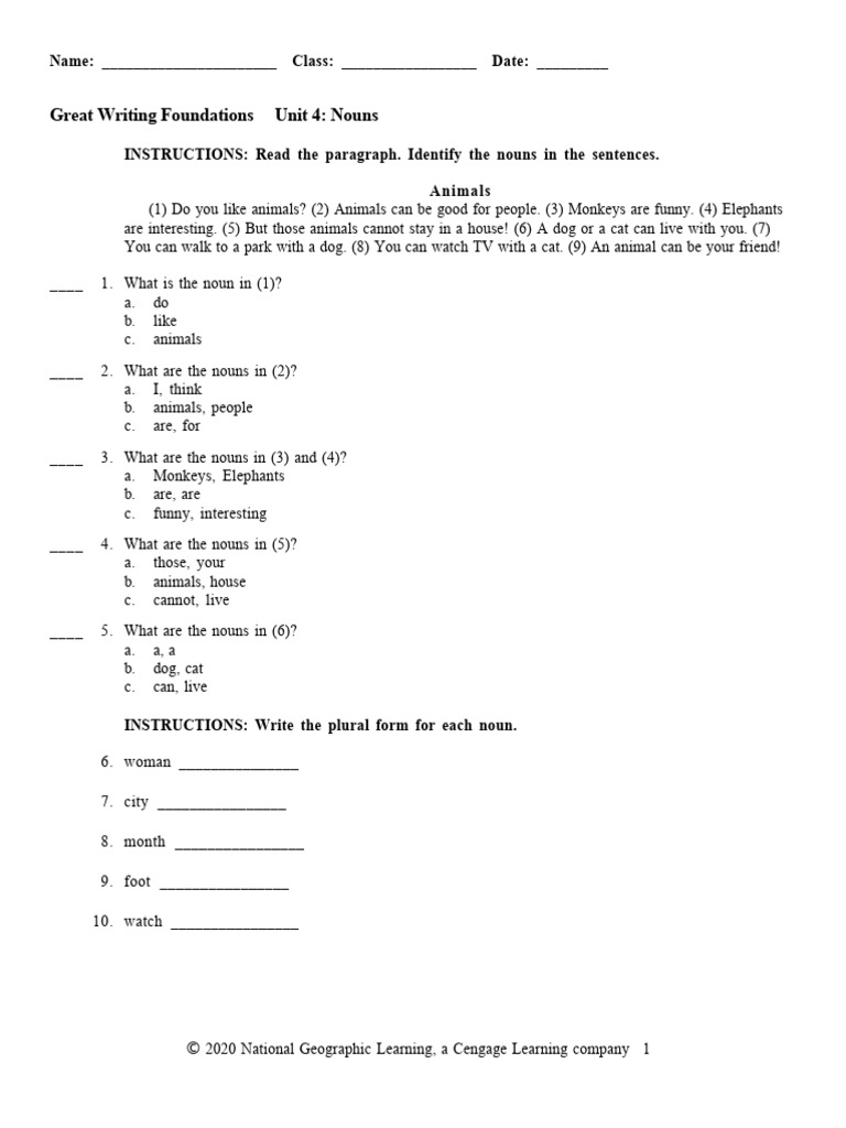 Great Writing Foundations: Nouns Unit | PDF | Linguistics | Grammar