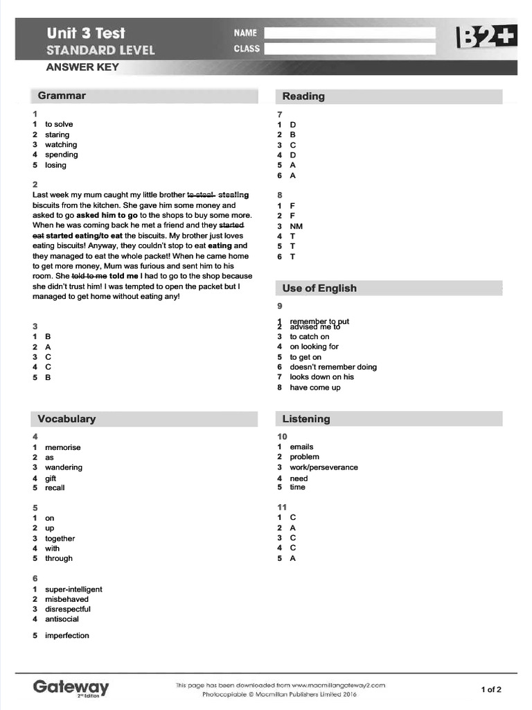 b2 Unit 3 Test Answer Key Standard - Compress | PDF