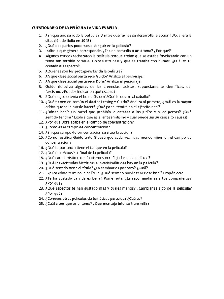 La Vida Es Bella. CUESTIONARIO PELÍCULA La Vida Es Bella. Preguntas 1 | PDF