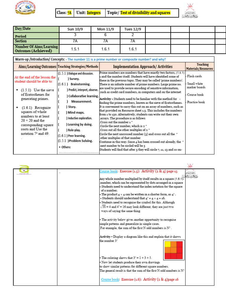 Integers: Prime Numbers & Squares Lesson | PDF | Prime Number | Educational Assessment