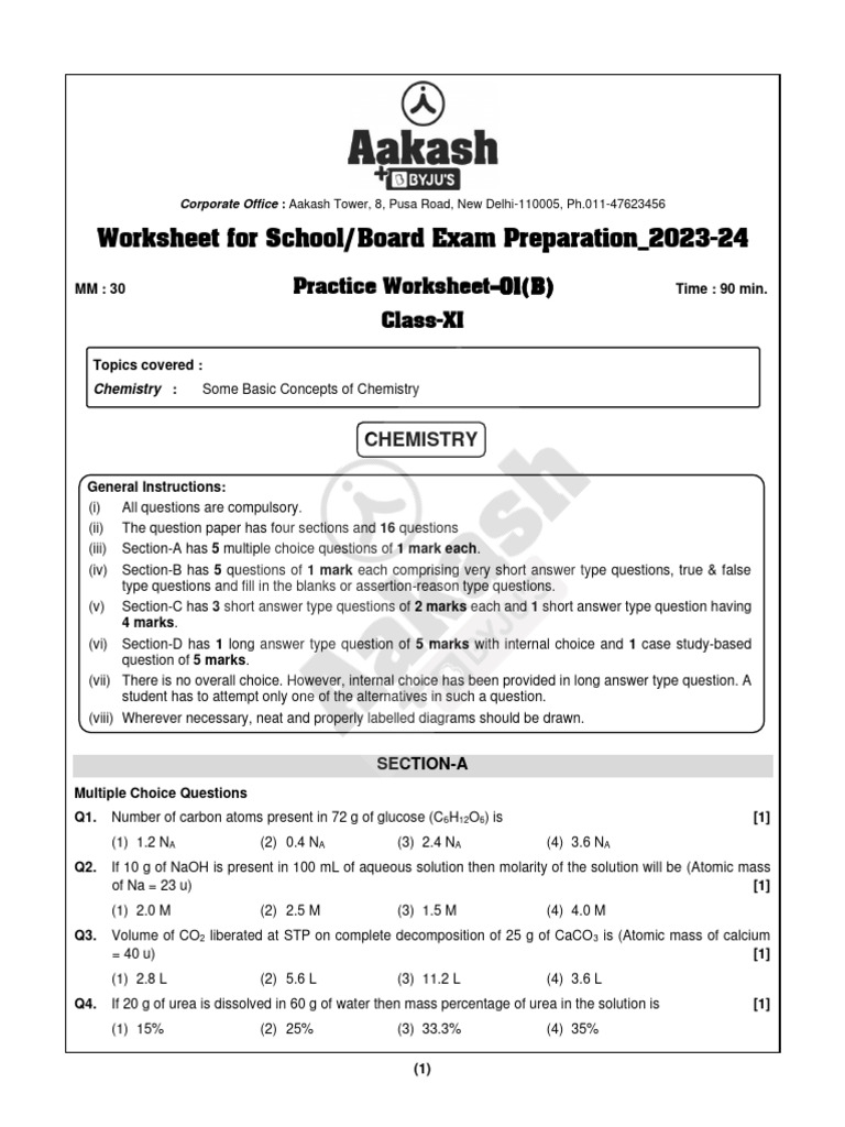 Master WS-01 (B) - Chemistry - XIth - Some Basic Concepts of Chemistry ...