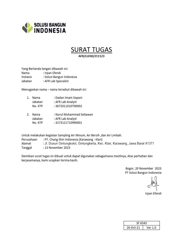 Surat Tugas Sampling Air Minum dan Limbah | PDF