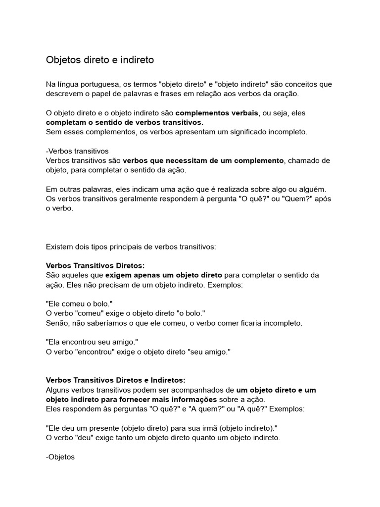 Objetos Direto e Indireto | PDF | Objeto (gramática) | Pronome