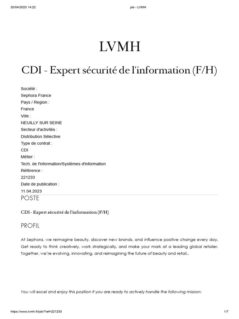 job - LVMH - CDI - Expert sécurité de l'information | PDF | Computer Security | Security