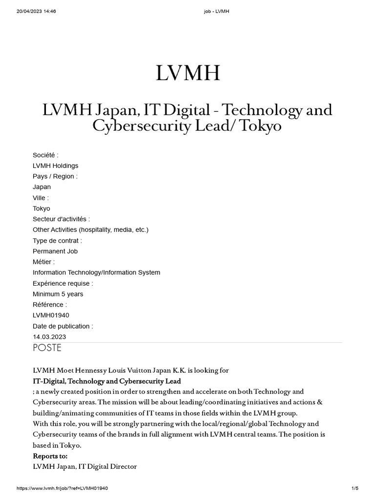 Job - LVMH - IT Digital - Technology and Cybersecurity Lead | PDF ...
