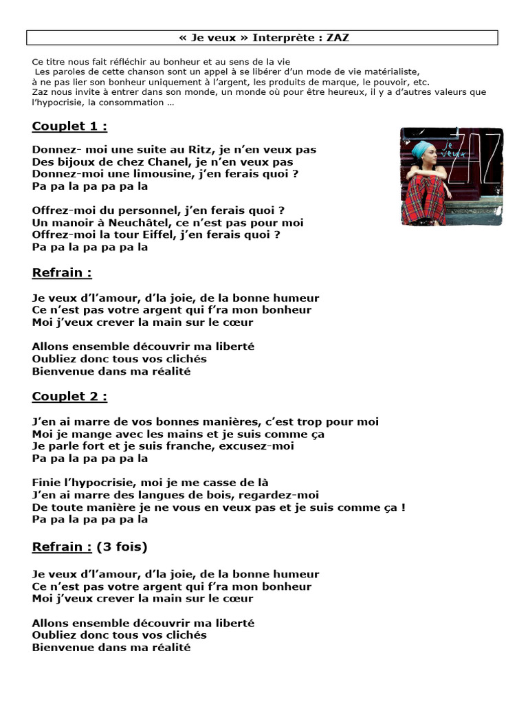 Zaz Je Veux Paroles | PDF