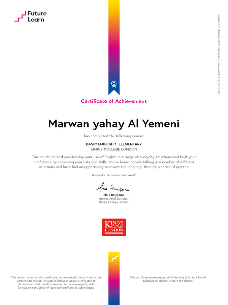 Basic-English-Elementary Certificate of Achievement Uvpzm4z | PDF ...