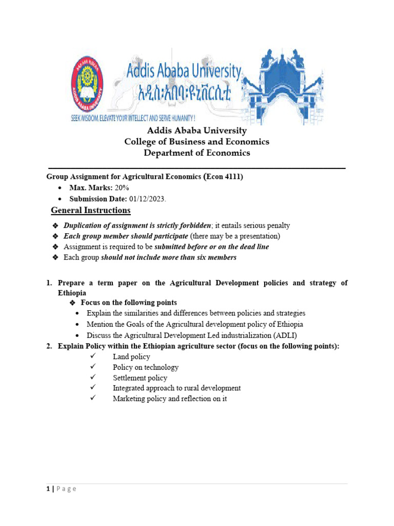 Group Assignment on Ethiopian Agri Policies | PDF
