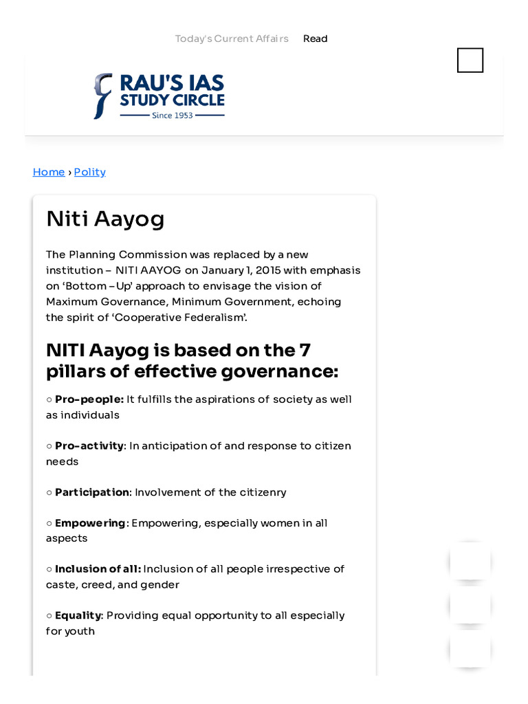 Niti Aayog - Rau's IAS | PDF | Policy | Governance