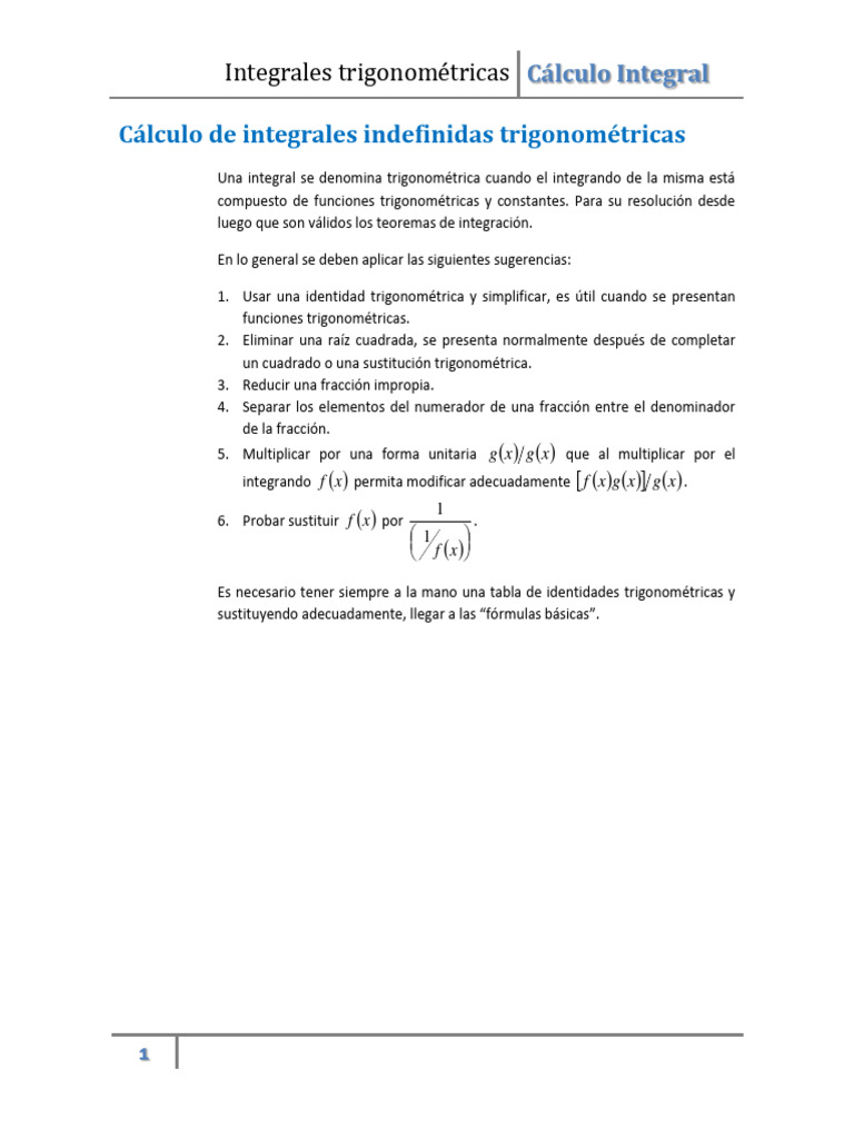 Fórmulas de Integrales Trigonométricas | PDF | Integral | Funciones ...