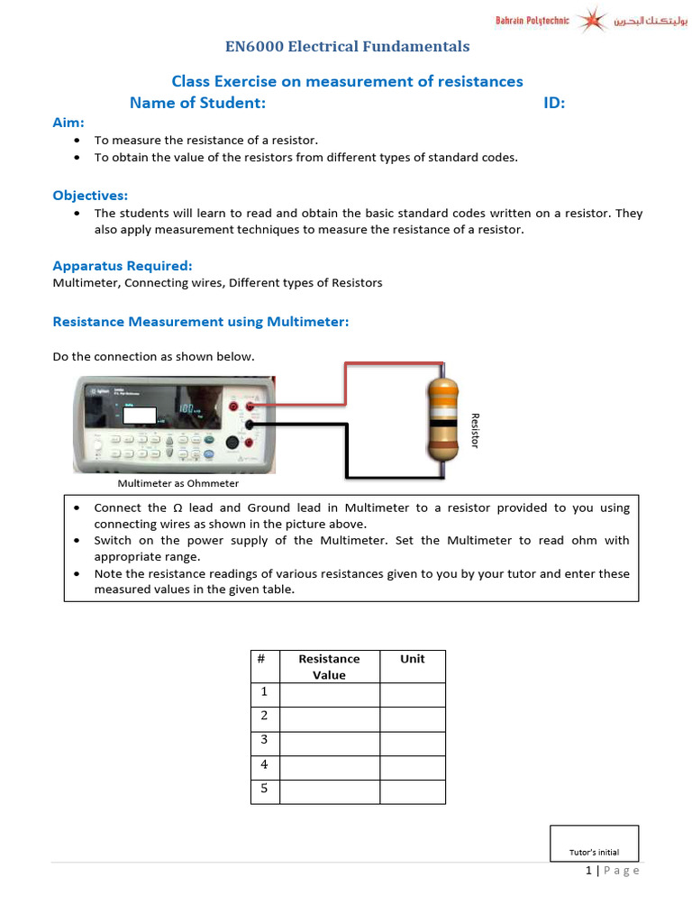 Class Ex-1 - Measurement of Resistance | PDF | Resistor | Engineering ...