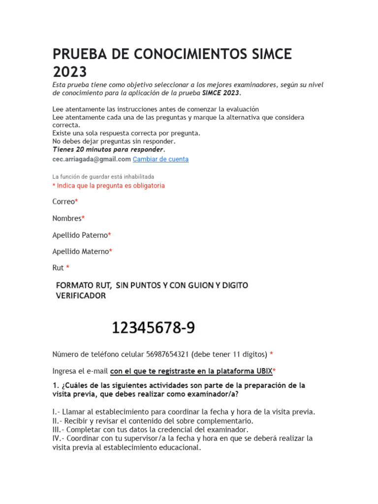 Cuestionario Examinadores SIMCE 2023 | PDF | Finanzas y dinero