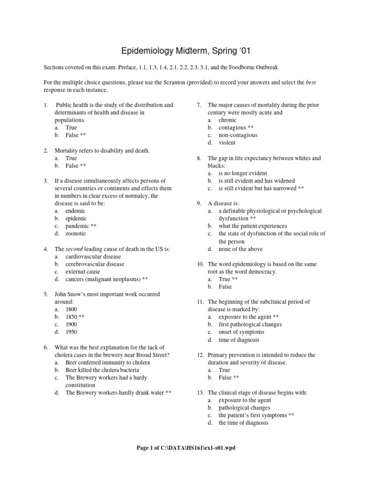 Epidemiology Midterm, Spring 01: Page 1 of C:/DATA/HS161/ex1-s01.wpd | PDF | Infection | Pathogen