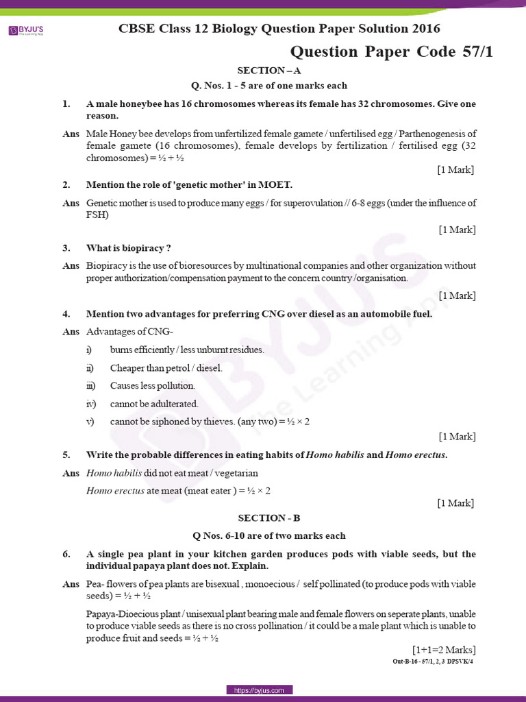 CBSE Class 12 Biology 2016 Question Paper Solution Set 1 | PDF | Ozone ...