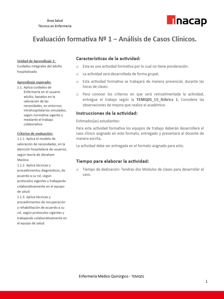 TEMQ01 U1 Actividad Formativa 1 Formato de Entrega Caso Clínico | PDF | Enfermería | Evaluación