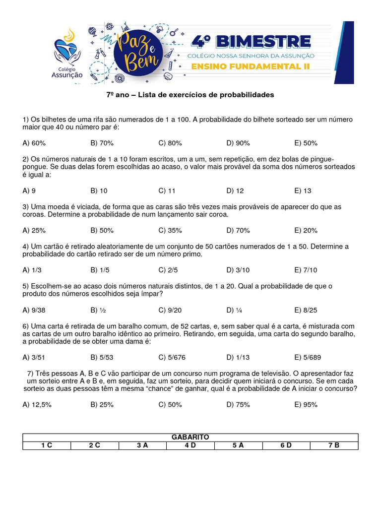 7º Ano - Lista de Exercícios de Probabilidade | PDF
