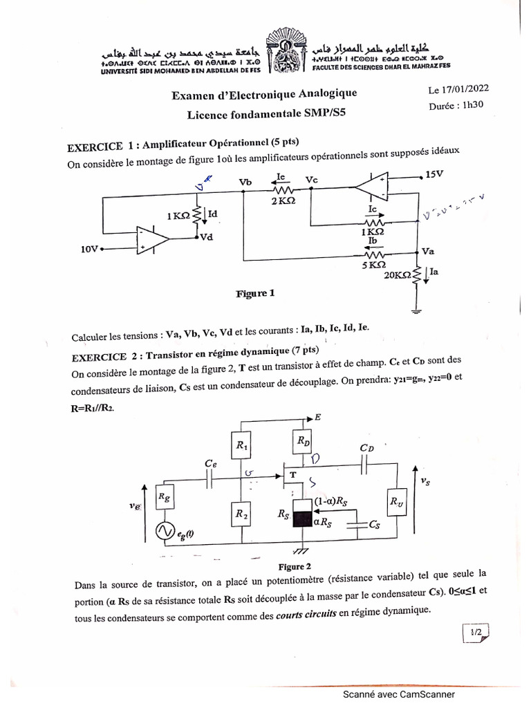 Corrigé Exercices 1 Et 2 de Examen D'electronique Analogique SMP S5 SN 2022 | PDF