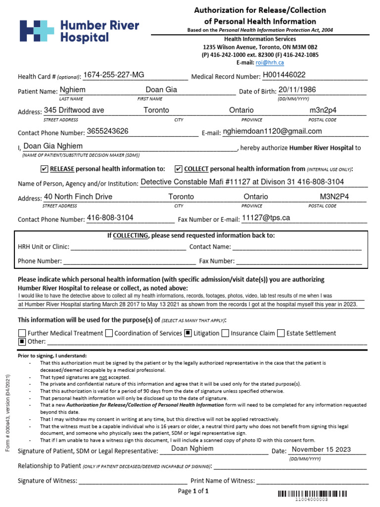 Humber River Hospital Consent Form To 11127 Tps | PDF | Patient ...