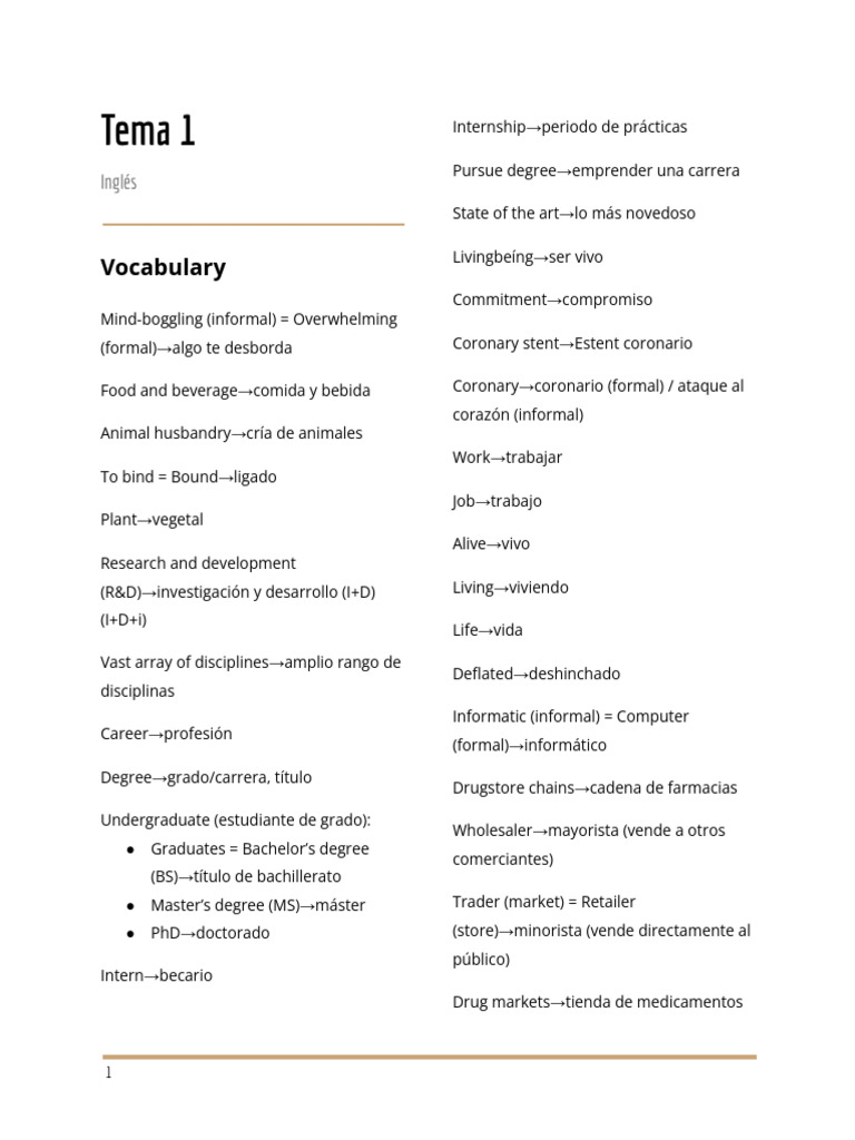 Vocabulario Primer Tema | PDF | Histología | Especialidades Medicas