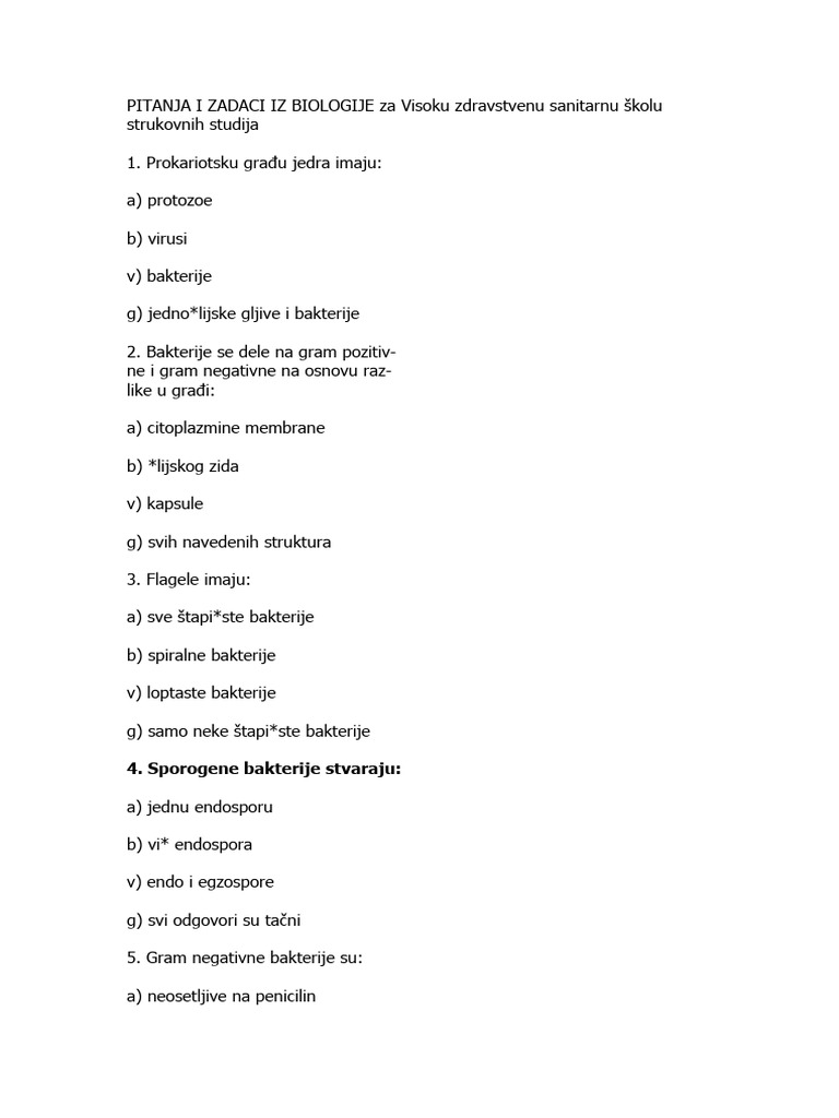 PITANJA I ZADACI IZ BIOLOGIJE Za Visoku Zdravstvenu Sanitarnu Skolu ...