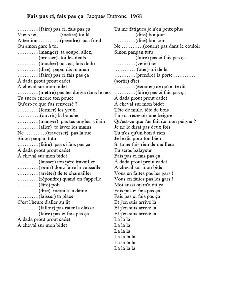 Paroles de "Fais pas ci, fais pas ça" | PDF