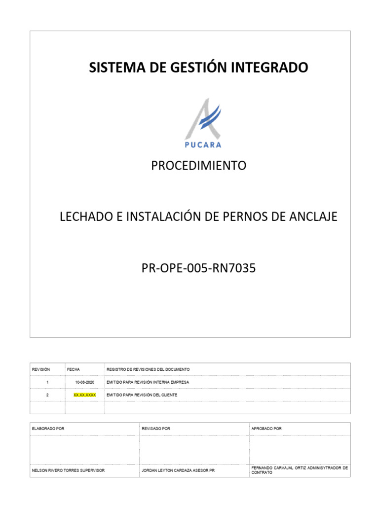 5. PR-OPE-005-RN7035 Lechada e instalación de pernos | PDF | Seguridad y salud ocupacional