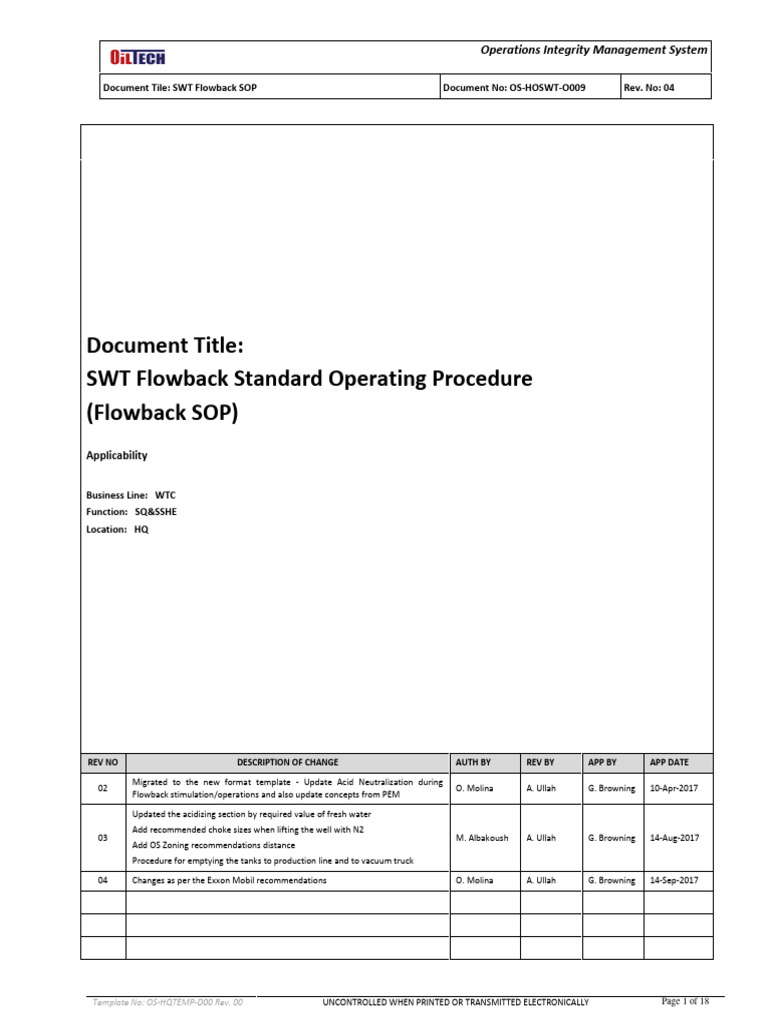 SWT Flowback Standard Operating Procedure | PDF | Petroleum Reservoir ...