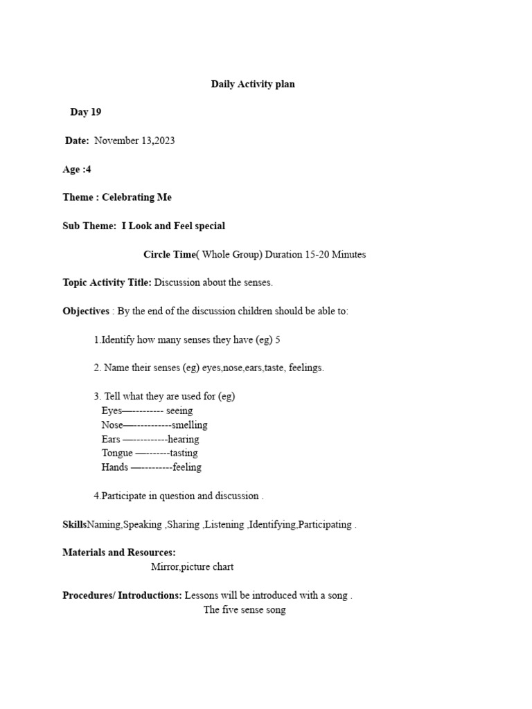 Celebrating Me Activity Plan | PDF | Senses | Teachers